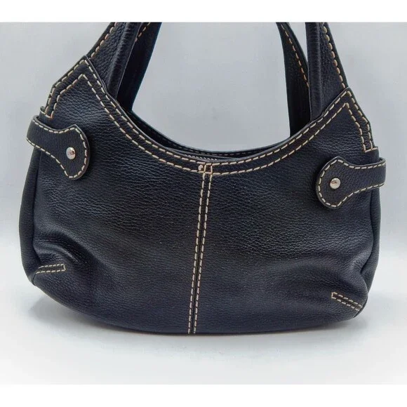 Tod's Shoulder Bag Black Baguette Purse Pebble Leather Button Front Pocket